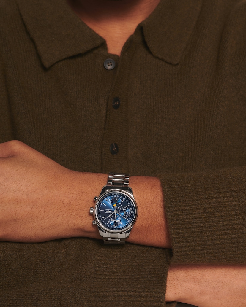 Longines Master Collection Chrono Moonphase 오토매틱 스테인리스 스틸 선레이 블루 다이얼과