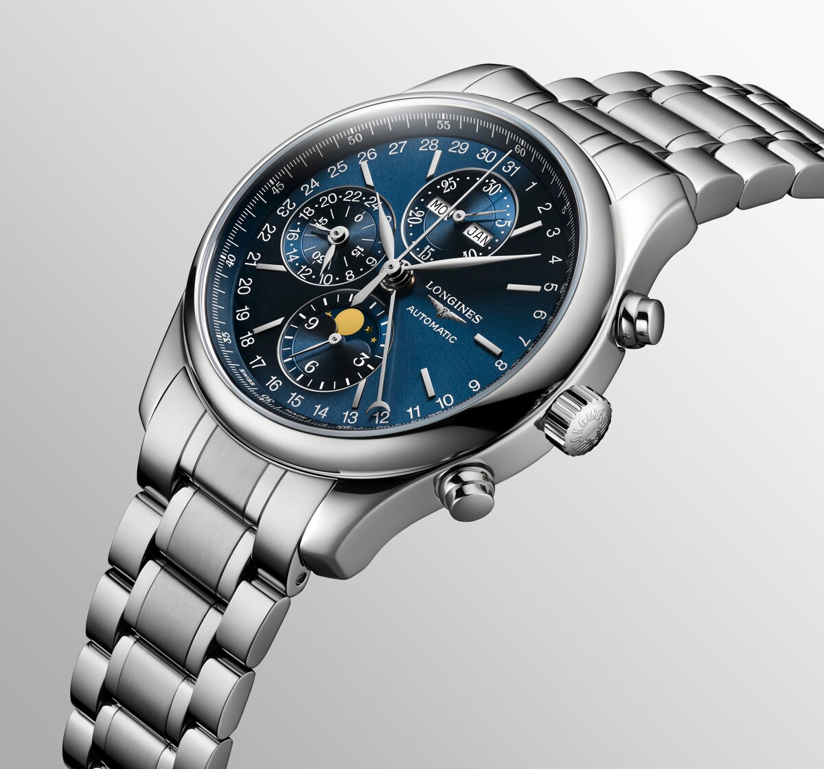 Longines Master Collection Chrono Moonphase 自動巻、ステンレススティール、ブルー「サンレイ