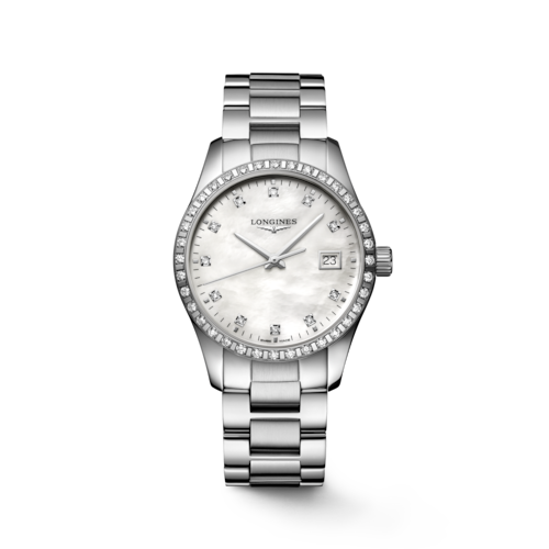 コンクエスト クラシック クォーツ、ステンレススティール、ホワイト マザーオブパール ダイアル、ブレスレット | LONGINES JP