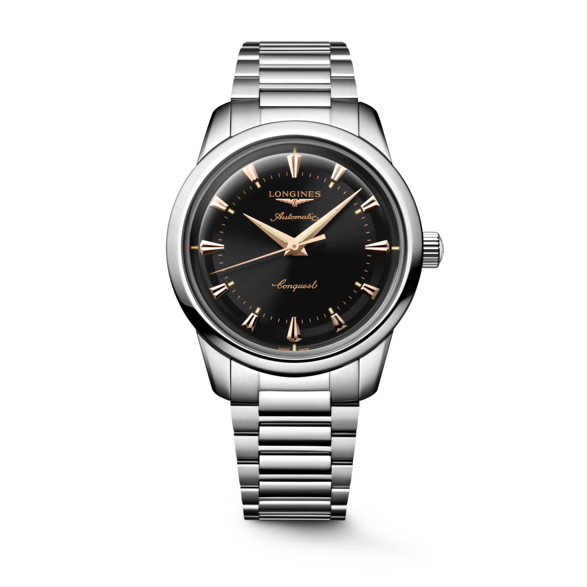 CONQUEST HERITAGE Automatic, Stainless Steel, Black Lacquered Polished Dial, Bracelet Watch ...
