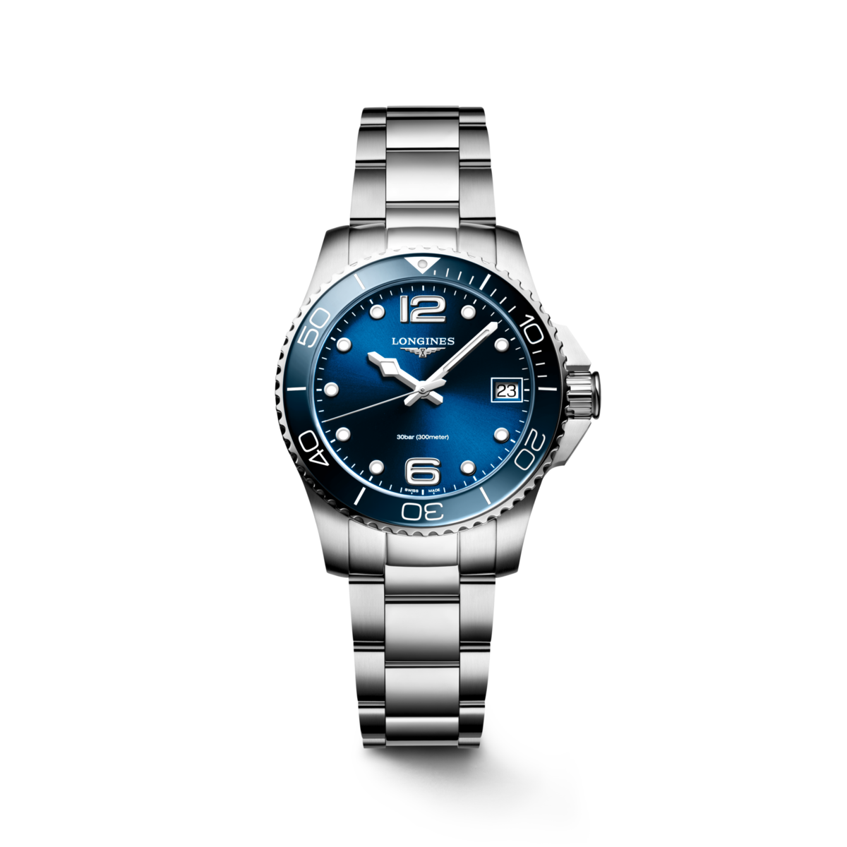 Hydroconquest 쿼츠 스테인리스 스틸 및 세라믹 선레이 블루 다이얼과 브레이슬릿 Longines Kr