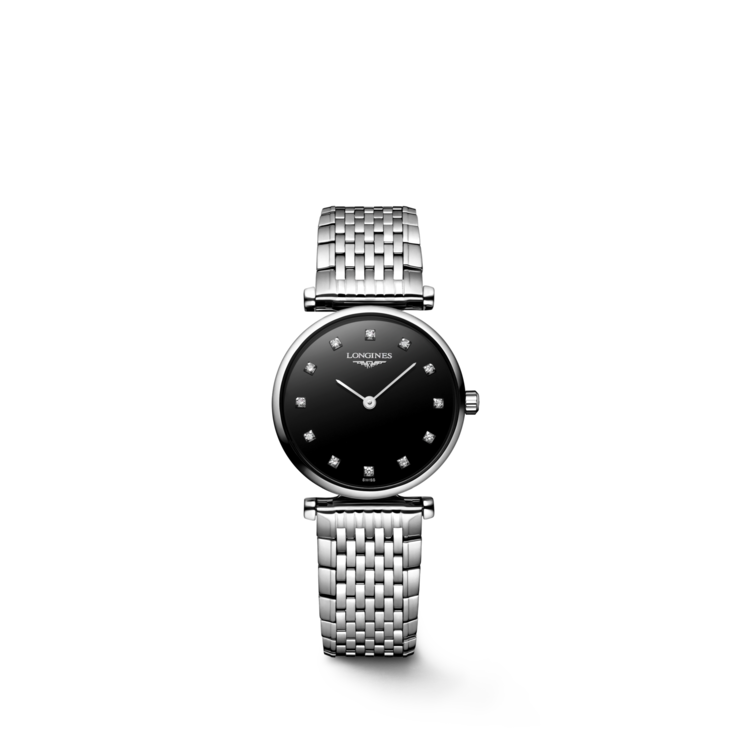 La Grande Classique De Longines 쿼츠 스테인리스 스틸 폴리싱 처리한 블랙 래커 다이얼과 브레이슬릿