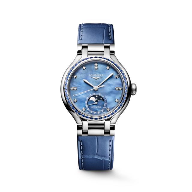 LONGINES PRIMALUNA MOONPHASE Automatico Acciaio Inossidabile, Orologio Madreperla Blu Con ...