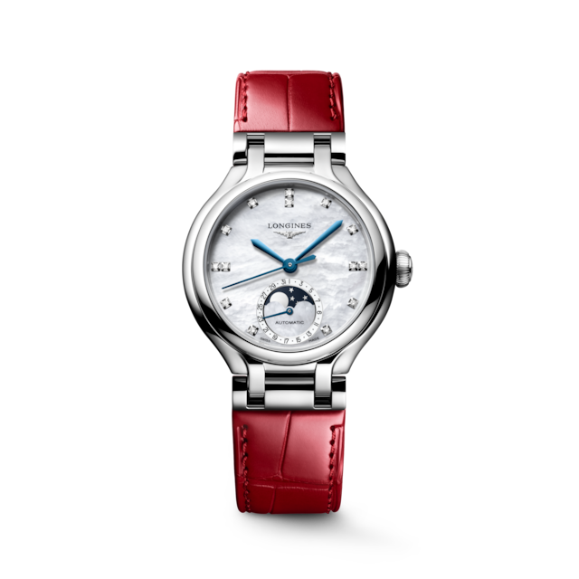 LONGINES PRIMALUNA MOONPHASE Automatic, Stainless Steel, White Mother-of-pearl Dial, Strap Watch ...
